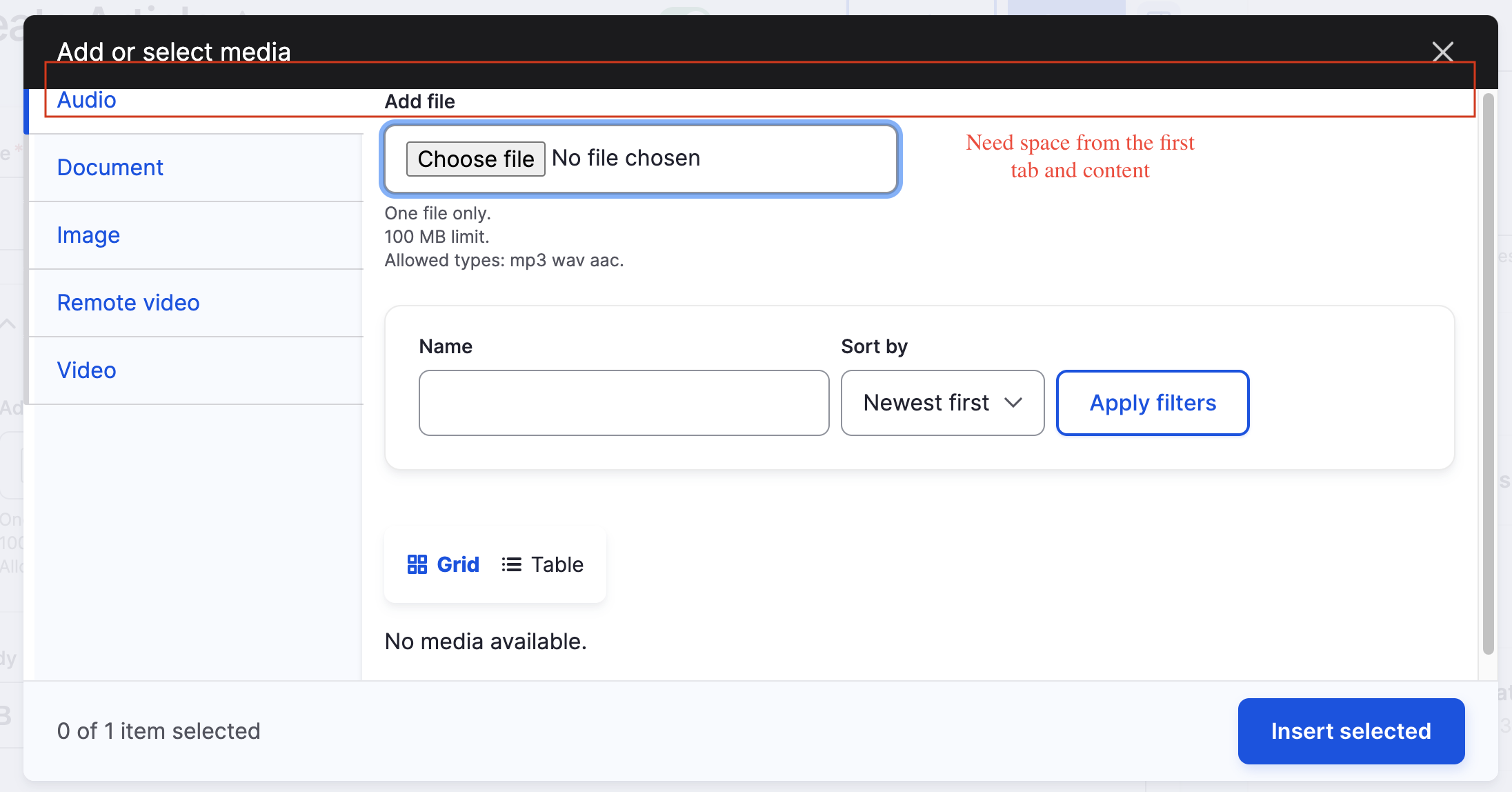 Need spacing from top - In media dialog box first vertical item & it's content panel [#3362405 ...